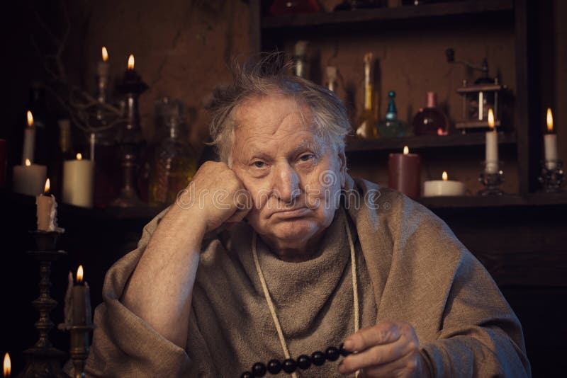 Elderly Alchemist Monk with Rosary Stock Photo - Image of candlestick ...