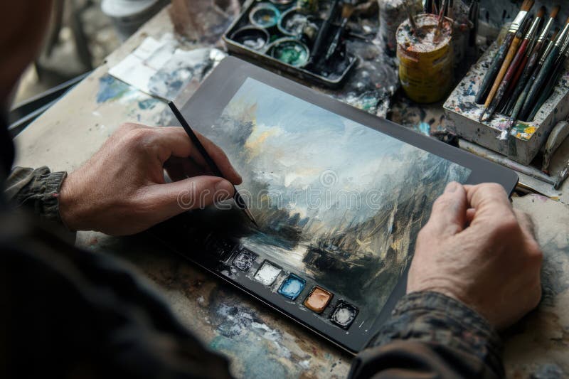 Elderly Artist Using Modern Technology Creating Digital Art on a Tablet ...