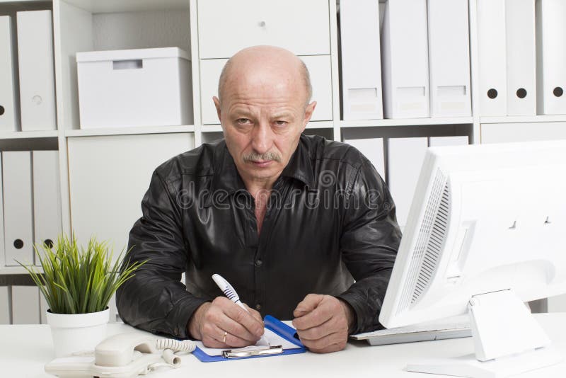 An Elderly Bald Man at the Computer. Stock Image - Image of multimedia ...