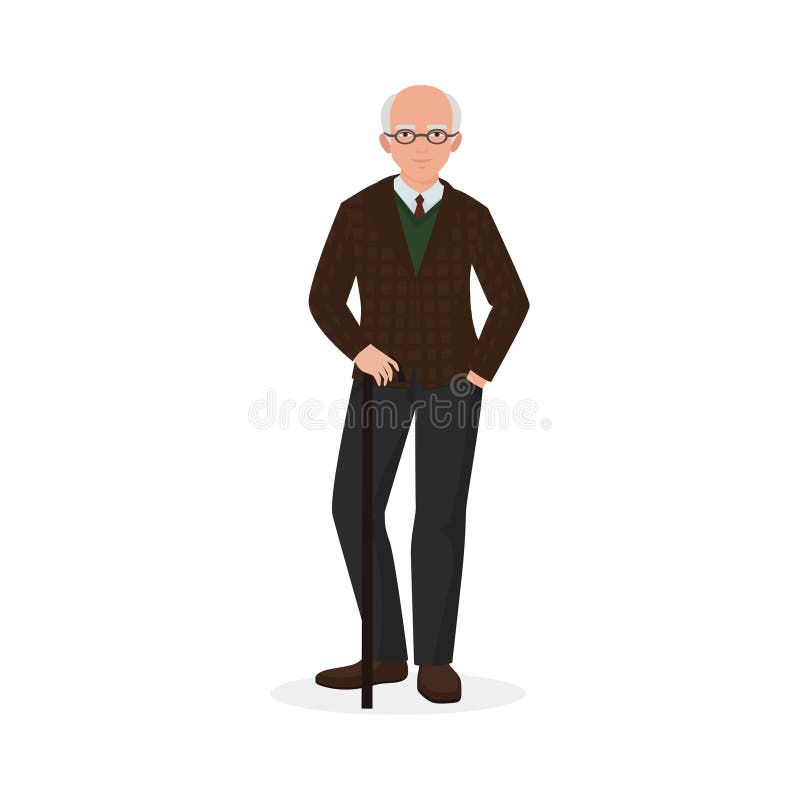 Elderly Bald Man with Glasses Standing with Walking Stick Stock Vector ...