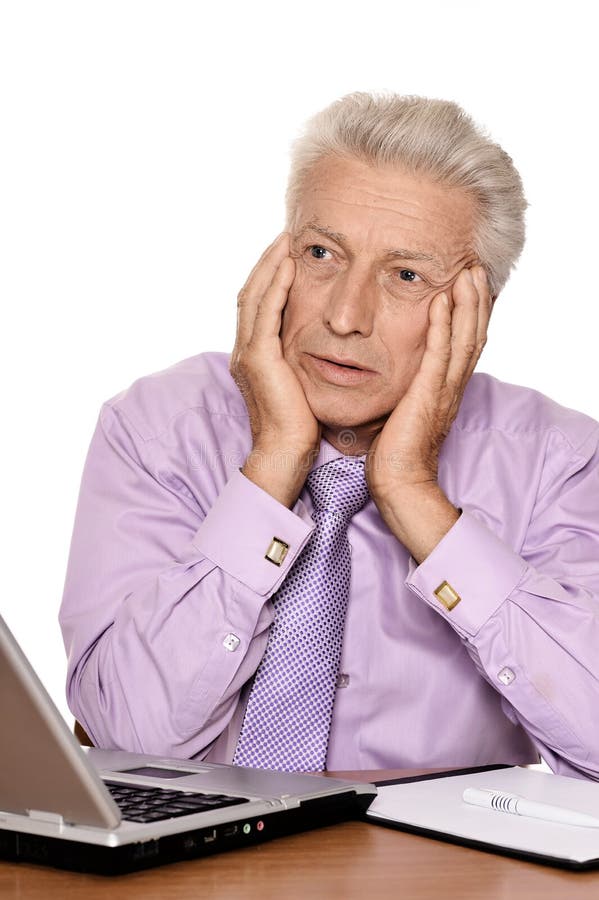 Stressed Old Grandpa Confused with Unexpected Debt on Pc Screen Stock ...