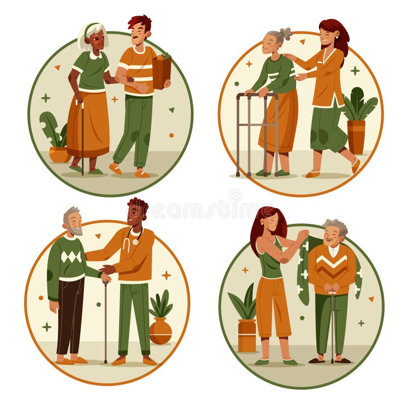 Elderly Care Flat Cartoon Mini Composition Set Stock Illustration ...
