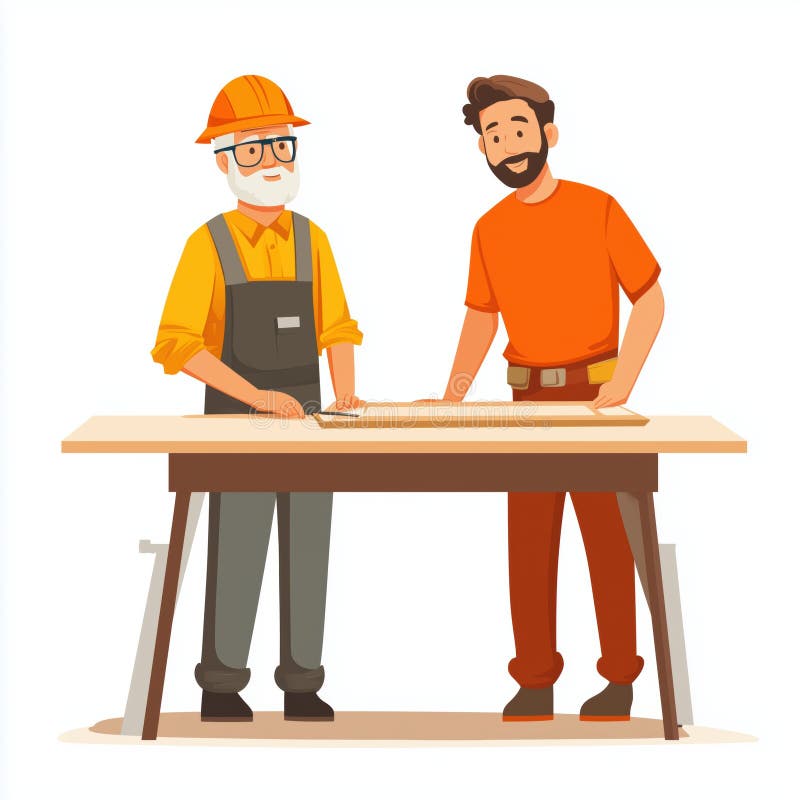 Elderly Carpenter Mentor Teaching Young Apprentice in Workshop Stock ...