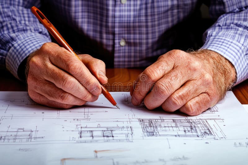 Elderly Caucasian Male Drafting Architectural Designs with Pen and ...