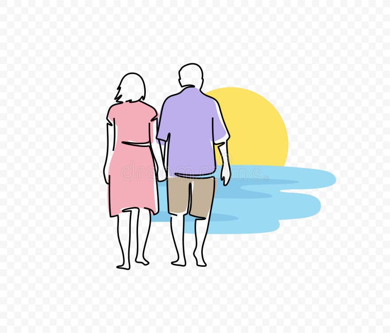 Elderly Couple at Sunset or Dawn Linear Illustration Stock Vector ...
