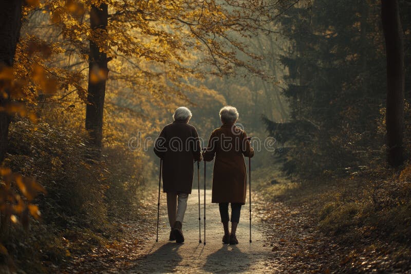 An Elderly Couple Enjoys a Peaceful Walk Along a Forest Path, Using ...