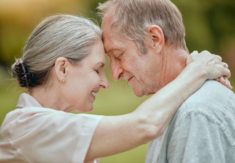 Elderly Couple And Forehead Touch With Love Care And Bonding In