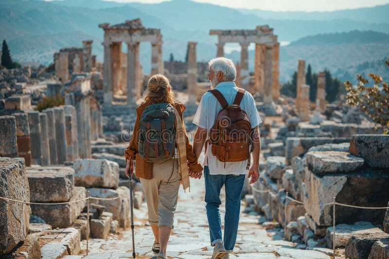 Elderly Couple Holding Hands while Exploring Ancient Ruins Stock Photo ... Elderly Couple Holding Hands while Exploring Ancient Ruins Stock Photo ...