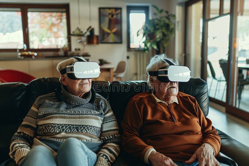 Elderly Couple Using Virtual Reality Glasses at Home Stock Illustration ...