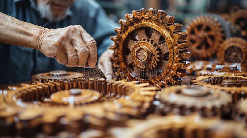 Elderly Craftsman Assembling Intricate Wooden Gear System in Workshop ...