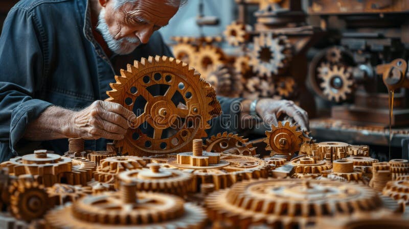 Elderly Craftsman Assembling Intricate Wooden Gear System in Workshop ...
