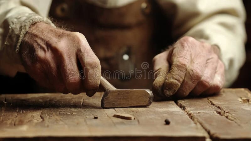 Elderly Craftsman Carefully Shaping Wood with Hand Tool Stock ...