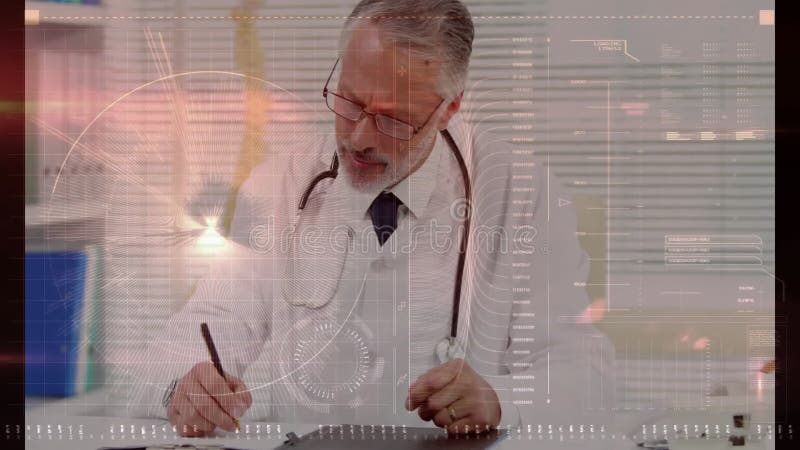 Elderly Doctor Writing Notes with Digital Data Processing Animation ...