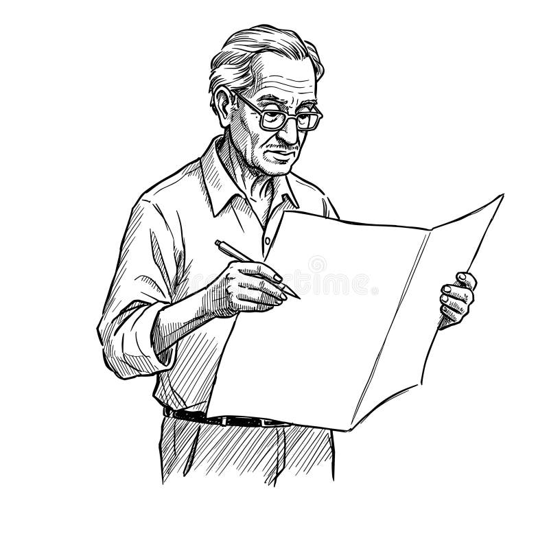 Elderly Engineer with Blueprint Sketching Ideas in a Minimalistic Style ...
