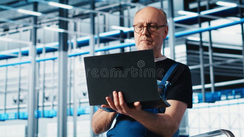 Elderly Engineer Uses Laptop in Smart Factory To Test Automated Systems ...