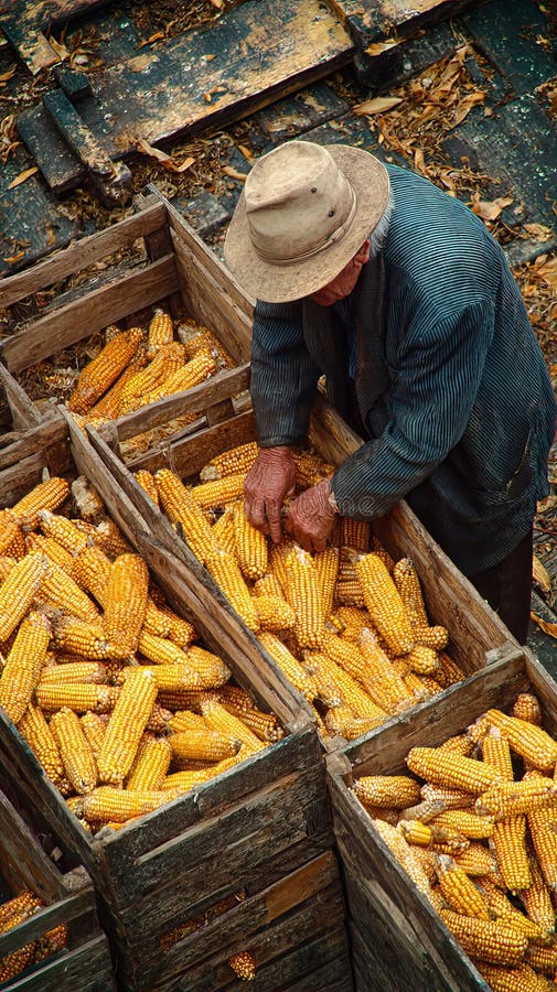 Elderly Farmer Carefully Sorting and Packing Golden Corn Cobs into ...