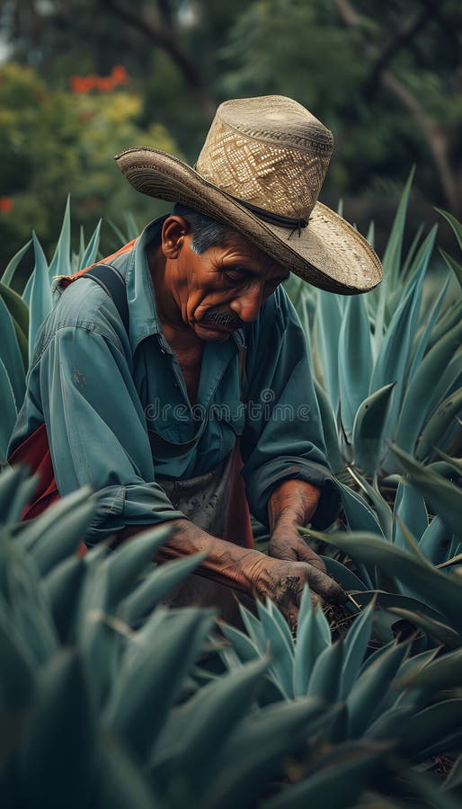 Elderly Farmer Working in Agave Fields with Straw Hat Stock Photo ...