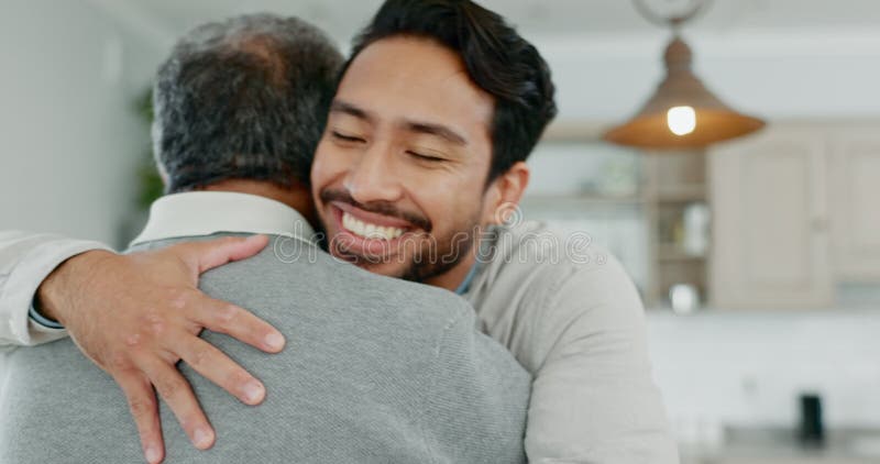 Senior Father Hug And Happy Man In Home Care And Bonding Together