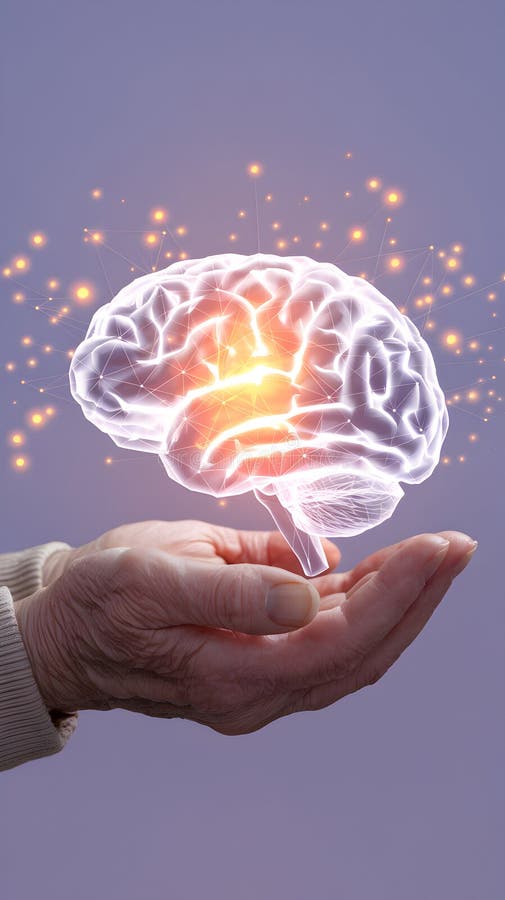 Elderly Hand Cradles Glowing Digital Brain, Symbolizing Technology and ...