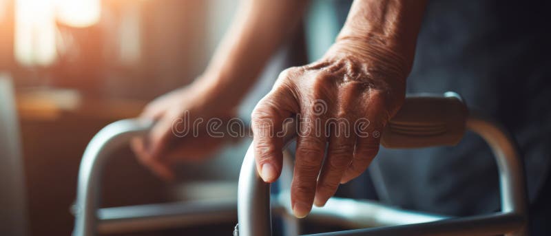 The Elderly Hand Gripping a Walker for Support in a Room. AI Generated ...