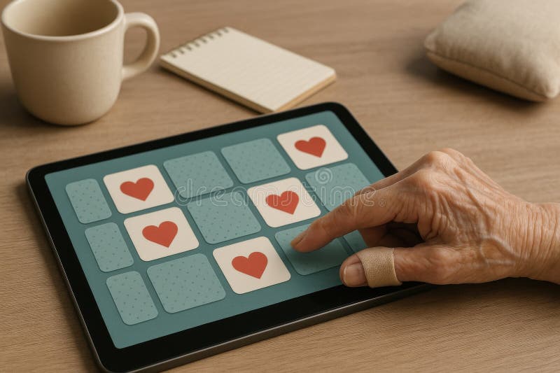An Elderly Hand Plays a Digital Memory Card Game on a Tablet ...
