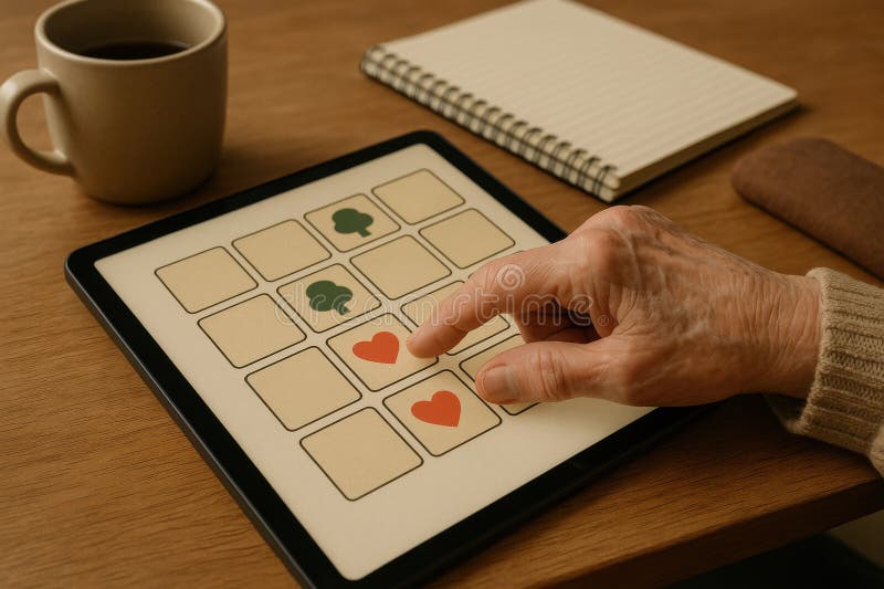 An Elderly Hand Plays a Digital Memory Card Game on a Tablet ...