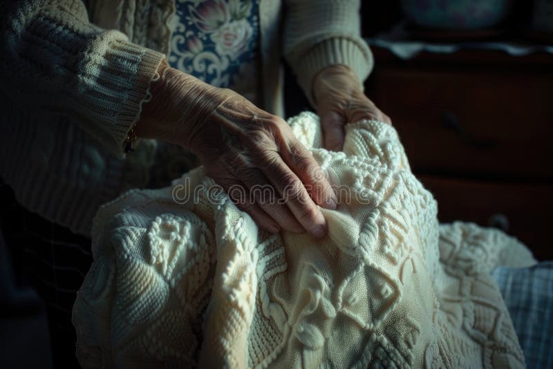 Elderly Hands Holding a Cream Knitted Blanket with Intricate Patterns ...