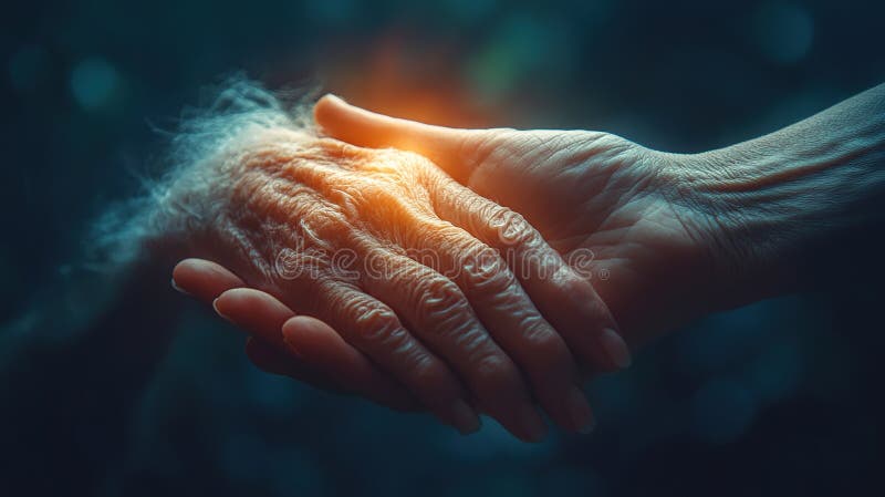 Elderly Hands Holding, Support, Night, Glowing Light in Background ...