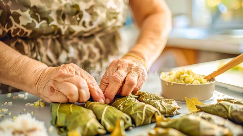 Elderly Hands Skillfully Preparing Traditional Dolma with Grape Leaves ...