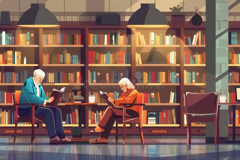 Elderly Individuals Engaged in Reading and Studying at a Cozy Library ...