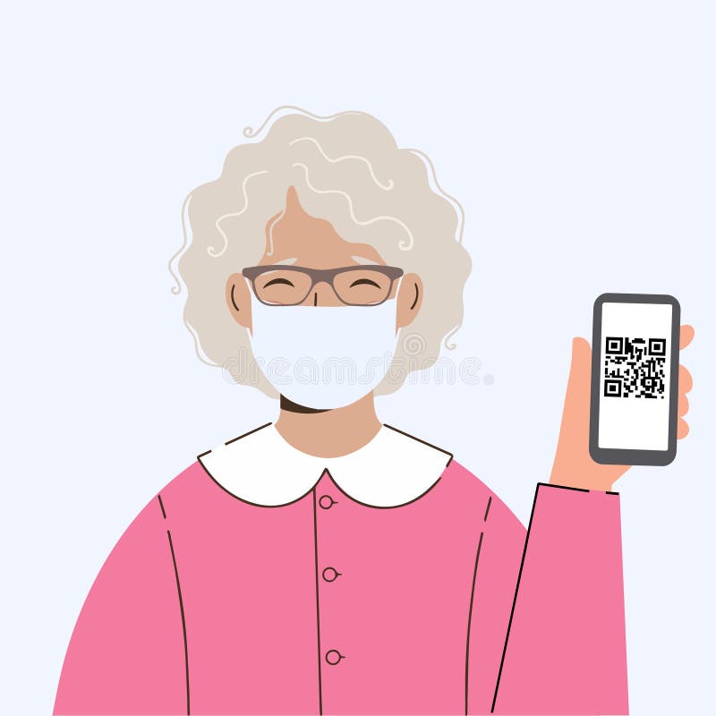 Elderly Lady with Glasses Holds Mobile Phone in Her Hand. QR Code is ...