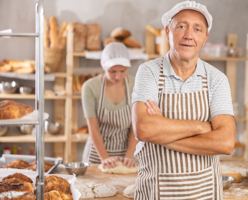 Elderly Man Baker Posing in Workshop Stock Image - Image of young ...