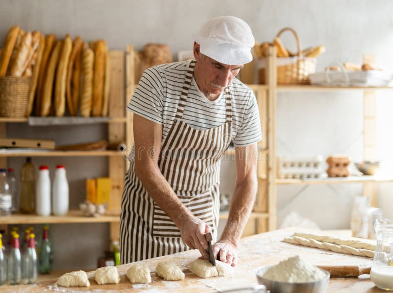 Elderly Man Baker Cutting Dough with Scraper Stock Photo - Image of ...