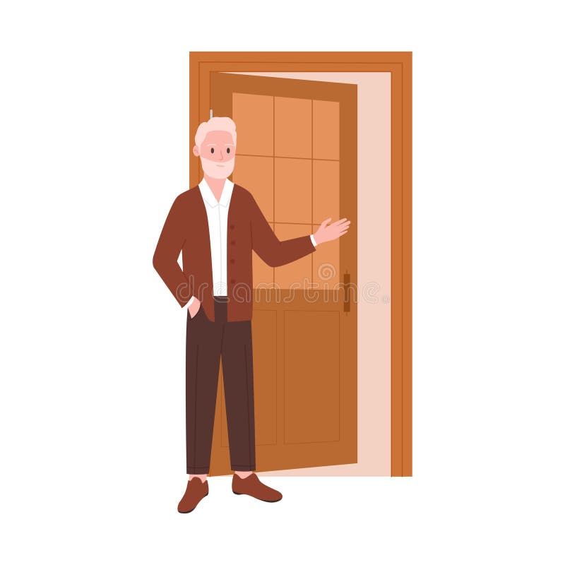 Elderly Man with Beard Inviting Entry, Pointing To Open Brown Door ...