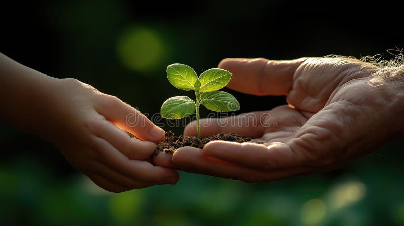 Elderly Man and Child Nurturing Sapling in Hands Under Sunlight Stock ...