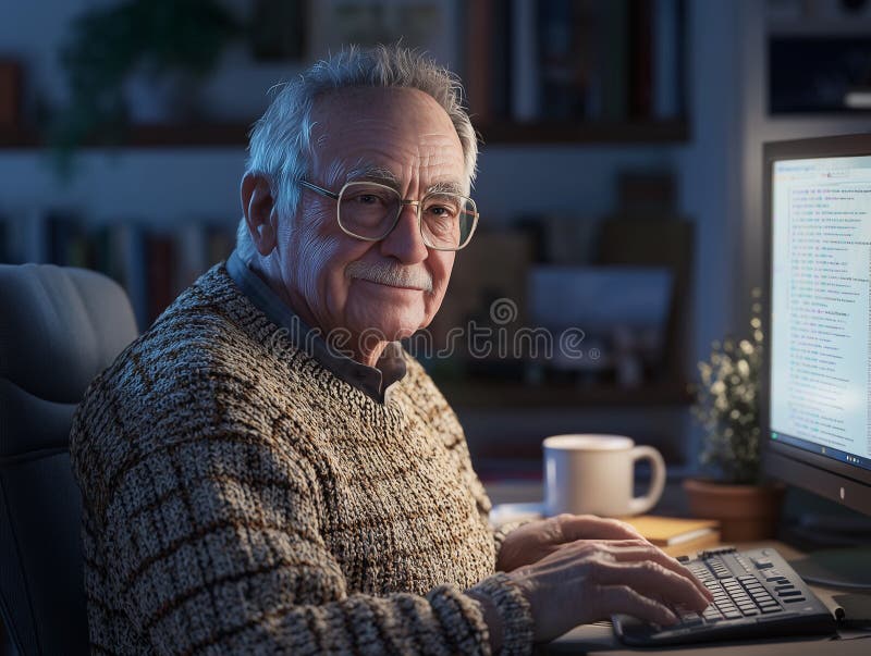 An Elderly Man at a Computer. an Elderly Hacker is Coding in a Relaxed ...