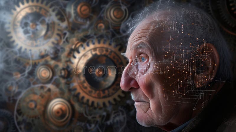 Elderly Man with Digital and Mechanical Brain Overlay Stock Image ...