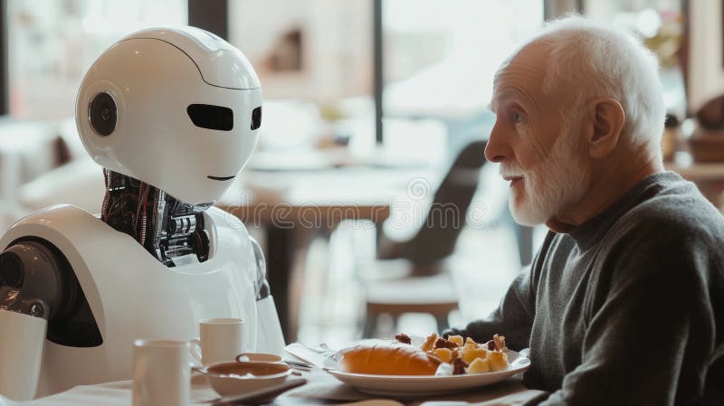 Elderly Man is Dining with a Humanoid Robot at a Restaurant Table Stock ...