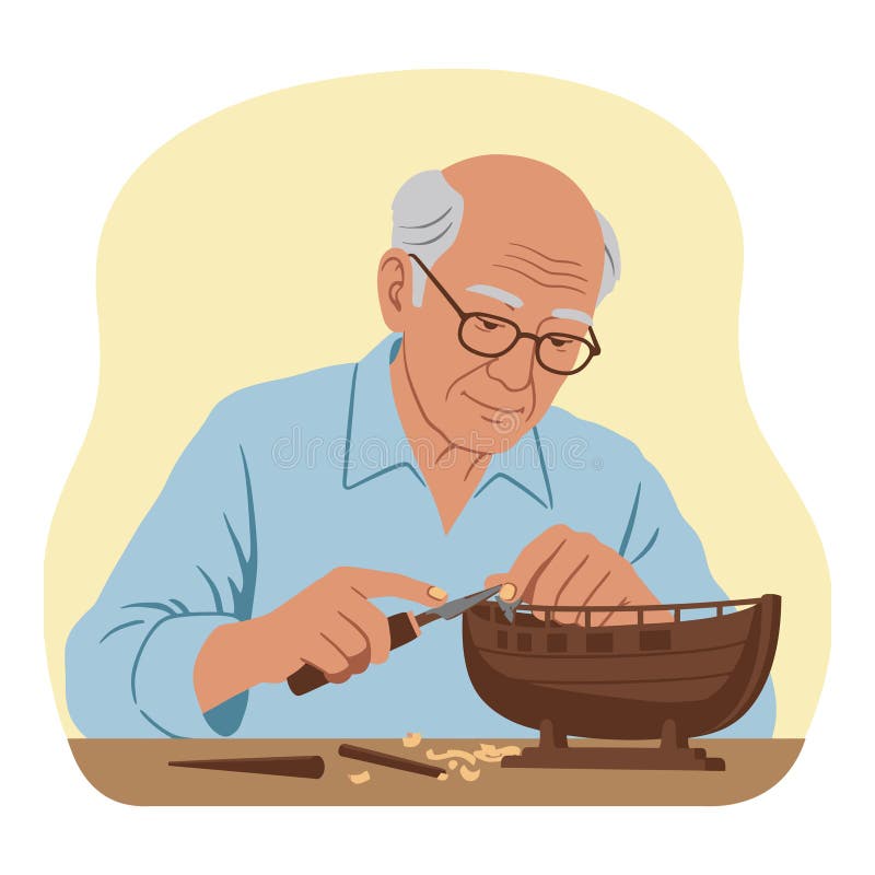 Elderly Man Carving Wooden Boat Model with Tools in Workshop Vector ...
