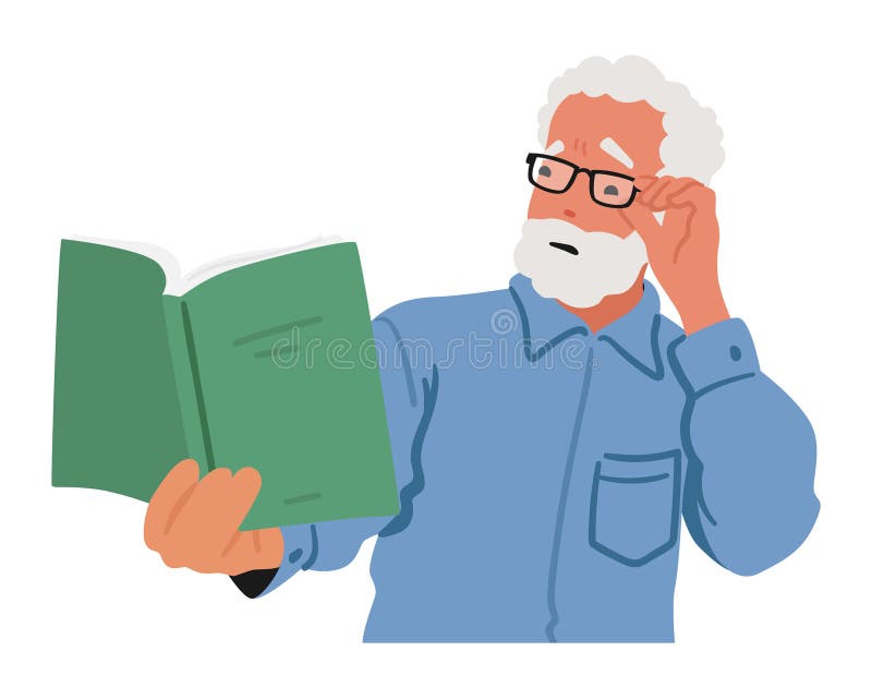 Elderly Man in Glasses Squints at a Blurry Book, Highlighting Struggle ...