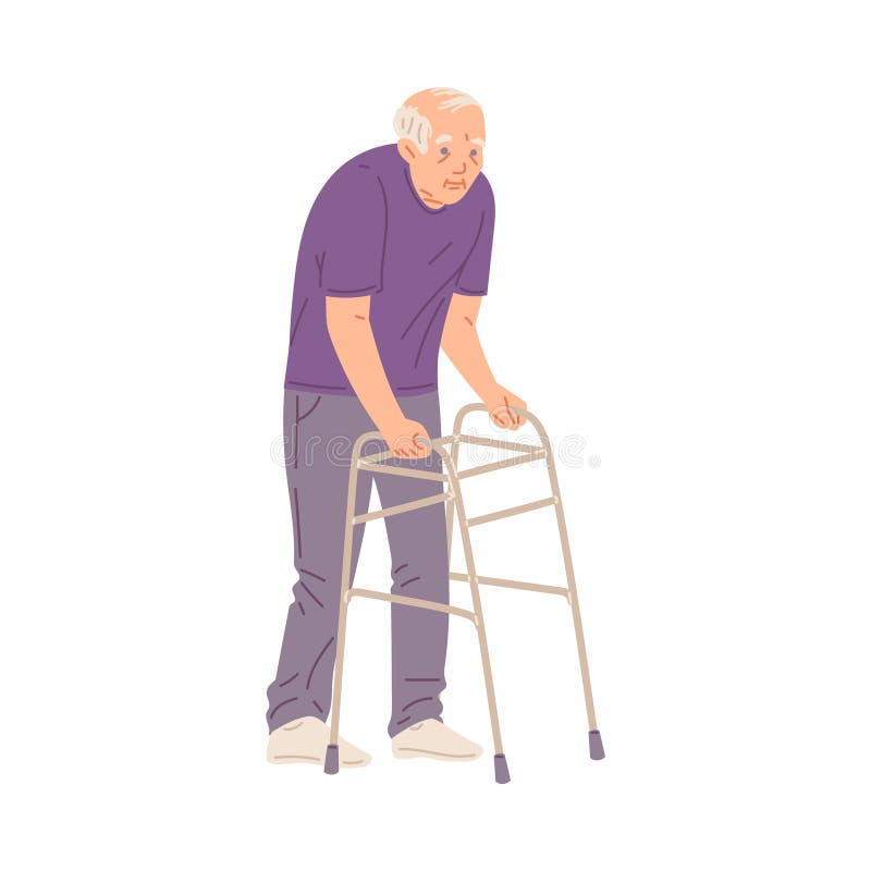 Elderly Man Going with Walker Flat Style, Vector Illustration Stock ...