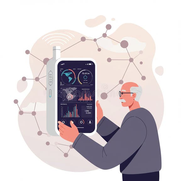 Elderly Man Holding Oversized Smartphone with Data Analytics Display ...