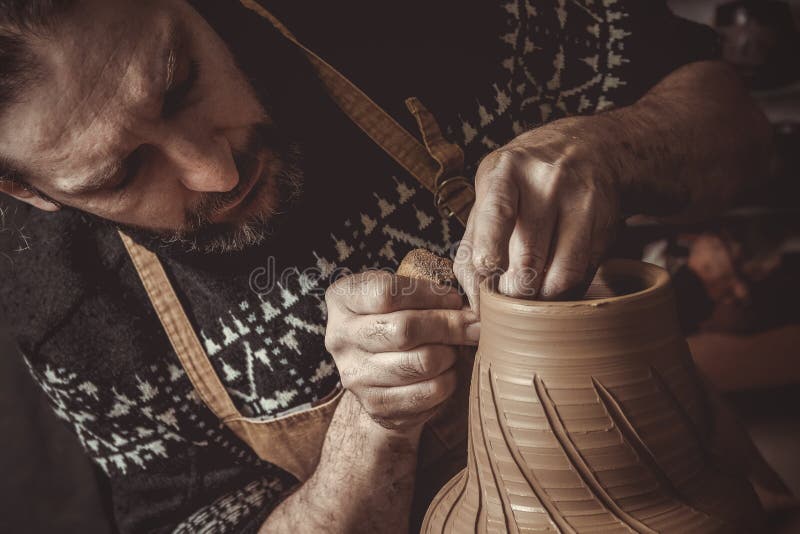 Elderly Man Making Pot Using Pottery Wheel in Studio Stock Image ...