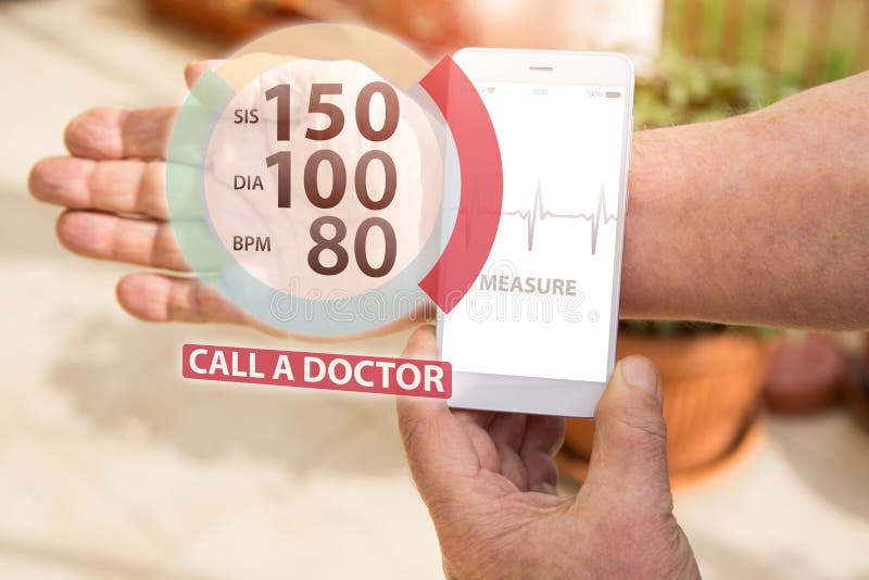 An Elderly Man Measures Blood Pressure and Pulse by Mobile Phone Stock ...