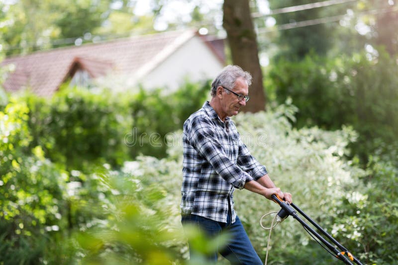 Elderly Man Mowing the Lawn Stock Image - Image of garden, caucasian ...