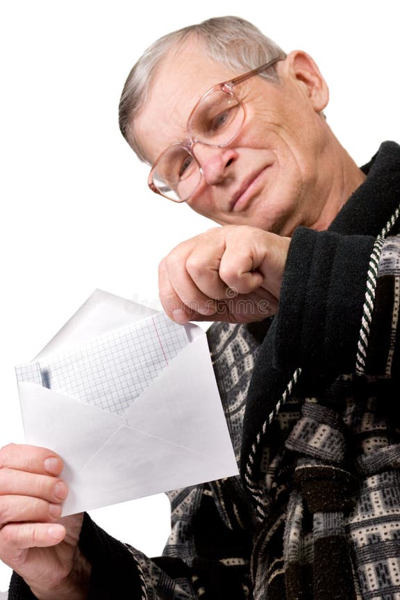 Elderly Man Opening Letter Envelope Stock Photo - Image of expression ...