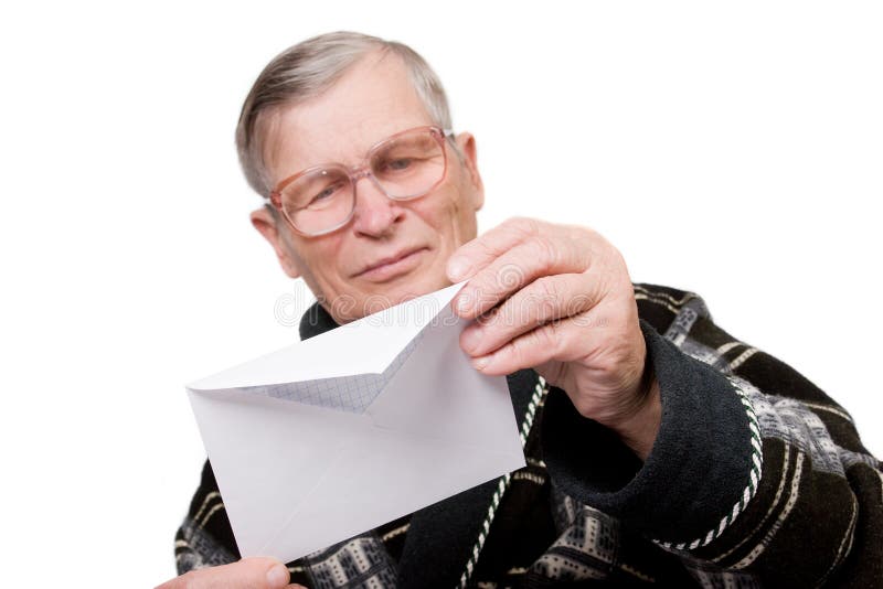Elderly Man Opening Letter Envelope Stock Photo - Image of head ...