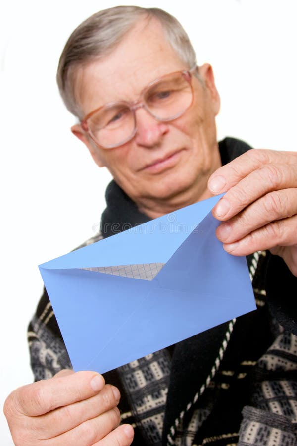 Elderly Man Opening Letter Envelope Stock Photo - Image of head ...