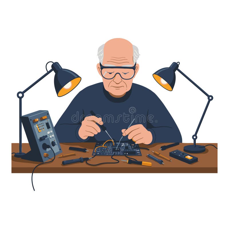 Elderly Man Repairing Electronics with Soldering Tools at Workbench ...