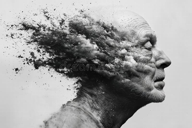 An Elderly Man S Profile Dissolving into Fragments Stock Photo - Image ...